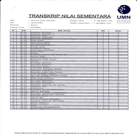 Transkip Nilai 1 | PDF