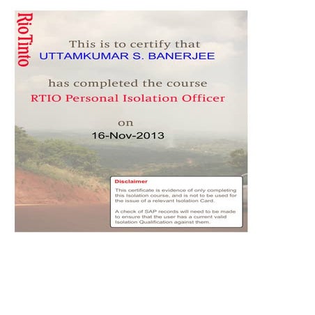 RTIO PERSONAL ISOLATION OFFICER CERTIFICATE | PDF