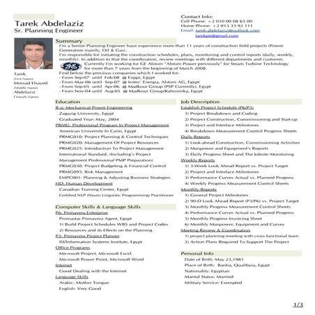Sr.Planning Engineer - Tarek Abdelaziz's C.V. | PDF