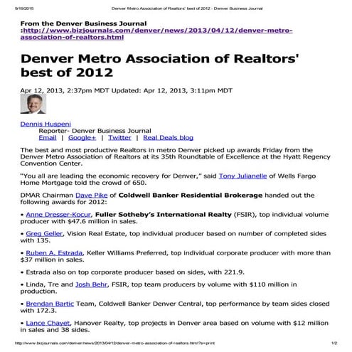 Denver Metro Association of Realtors' best of 2012 - Denver Business ...