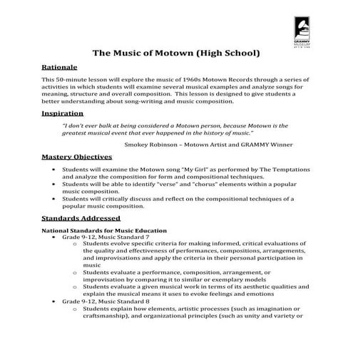 Grammy in the Schools (HS) The Music of Motown | PDF | Music ...