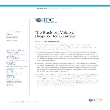 Final IDC report - The Business Value of Dropbox for Business | PDF