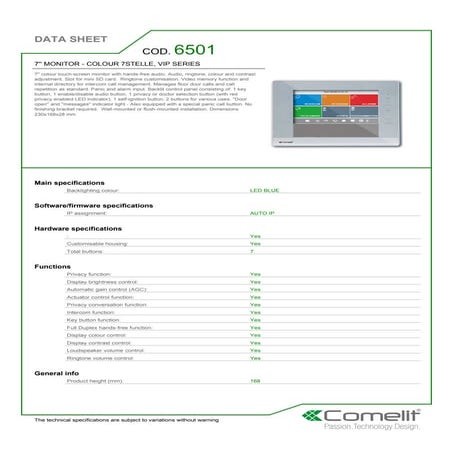 Comelit 6501 Data Sheet | PDF