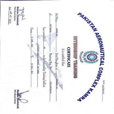 PAC Kamra Internship Certificate | PDF