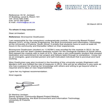 Reference letter Oosthuizen | PDF