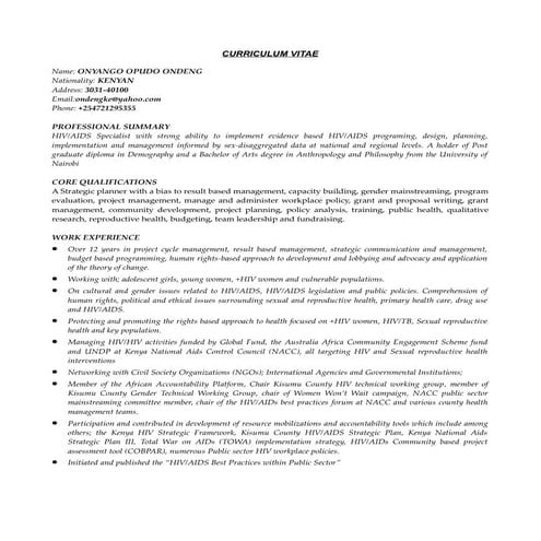 Ondeng's CV | PDF | Sexual Health | Diseases and Conditions