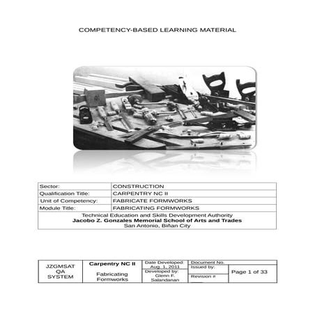 COMPETENCY-BASED LEARNING MATERIALS CARPENTRY-fabricating-formworks | PDF