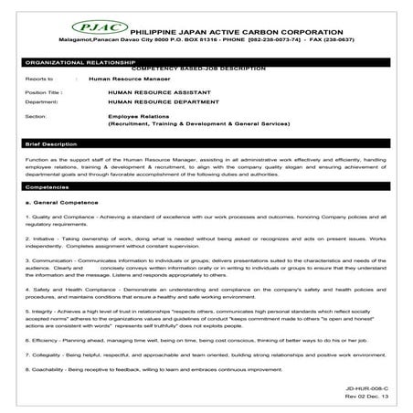 JOB DESCRIPTION OF HR FOR EMPLOYEE RELATIONS | DOC
