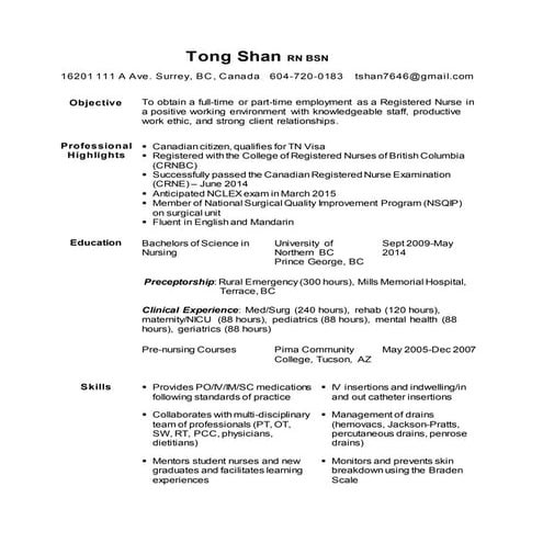 Tong Shan RN BSN 2014 RESUME | PDF