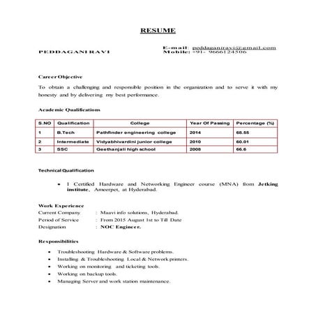 NOC Resume | DOCX | Computing | Technology & Computing