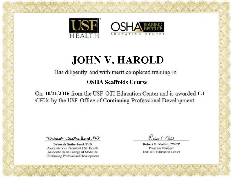 University of South Florida OSHA Scaffolds Certificate 10212016
