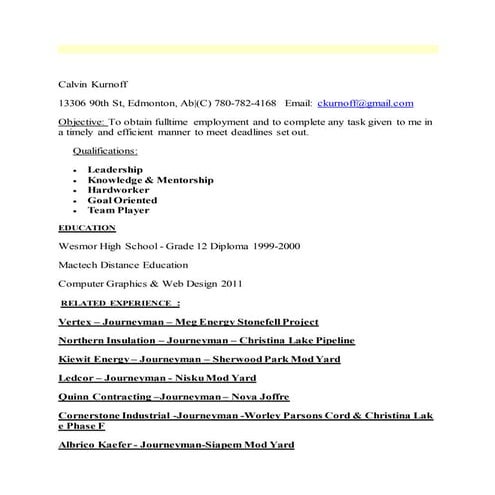 Calvin's Resume Trades | DOCX