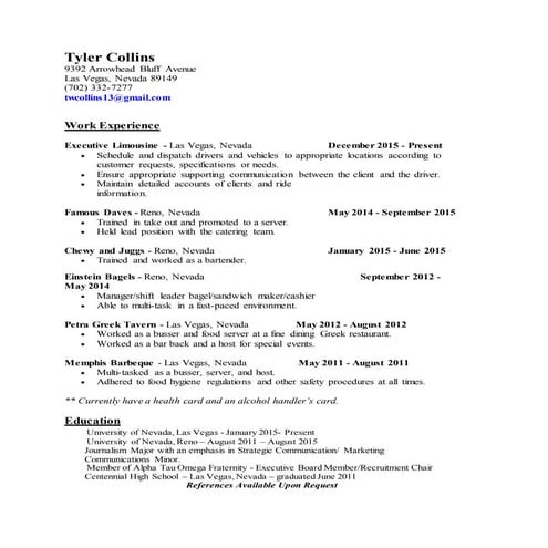 Tyler Collins Resume 2016 | DOCX