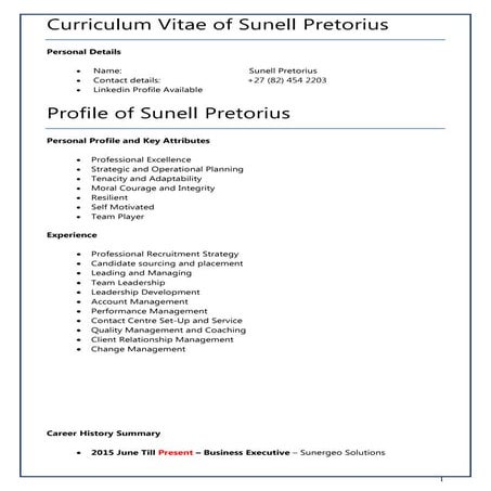 Detailed CV of Sunell Pretorius | PDF
