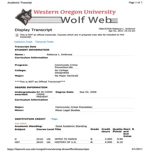 Academic Transcript Western Oregon University | PDF