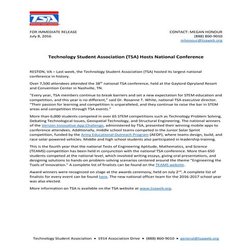 2016 National TSA Conference - Press Release | PDF