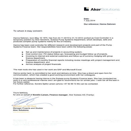 Reference letter Aker Solutions | PDF