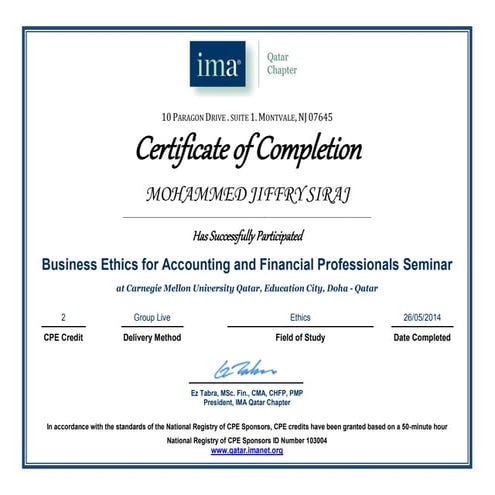 Business Ethics Seminar Certificate-33 | PDF | Business Accounting & Finance | Business