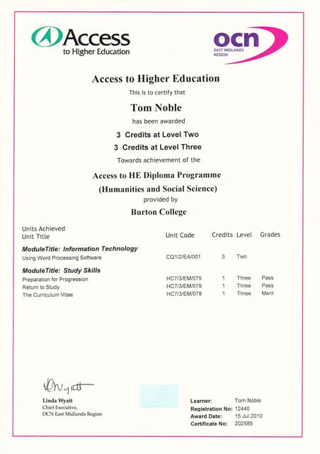 Access to HE Certificate [100% level 3 distinctions]