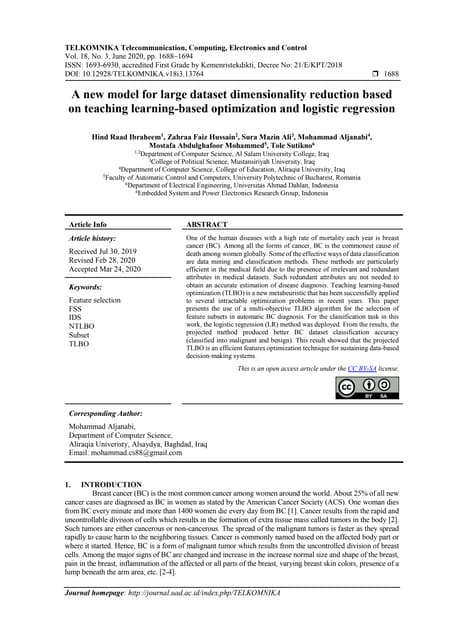 A New Model For Large Dataset Dimensionality Reduction Based On Teaching Learning Based