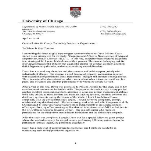Dr. Benjamin Lahey Recommendation, University of Chicago | DOC