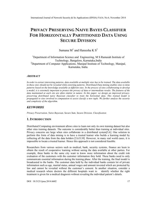 Privacy Preserving Naive Bayes Classifier For Horizontally Partitioned Data Using Secure