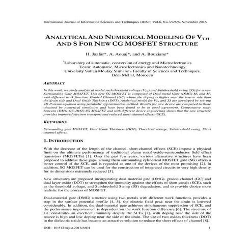 ANALYTICAL AND NUMERICAL MODELING OF VTH AND S FOR NEW CG MOSFET STRUCTURE | PDF