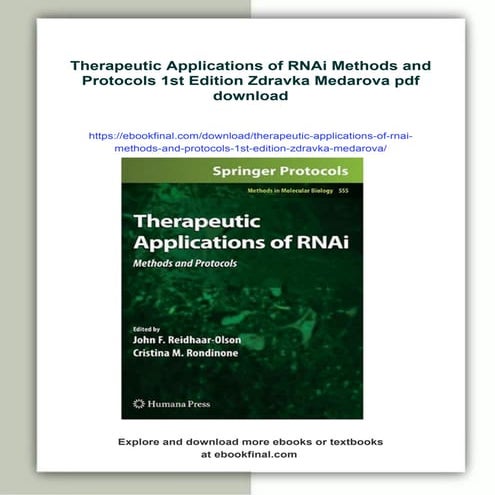 Therapeutic Applications of RNAi Methods and Protocols 1st Edition ...
