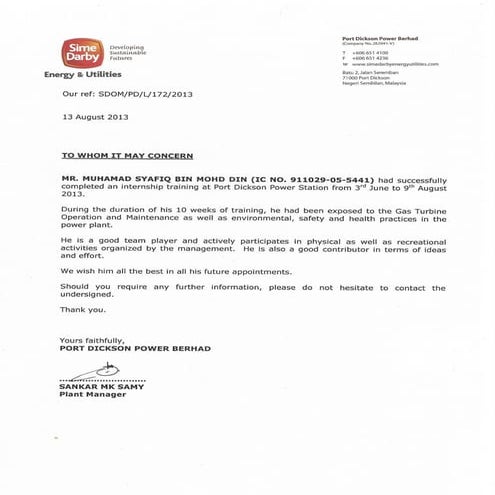 Sime Darby Recommendation Letter | PDF