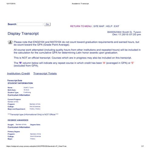 Lone Star college Unofficial transcript 2015 | PDF