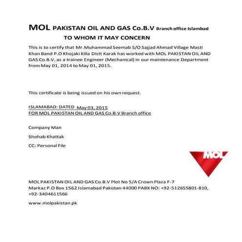 Seemab EXP CERTIFICATE MOL | DOCX