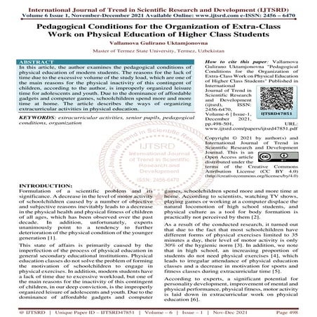 Pedagogical Conditions for the Organization of Extra Class Work on ...