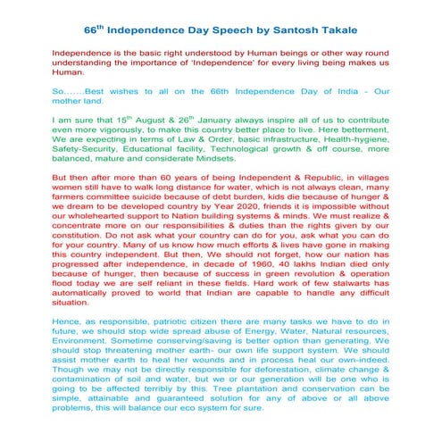 66th Independence day speech by Santosh Takale | PDF