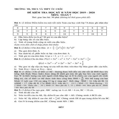 Đề Thi Hk2 Toán 7 - TH - THCS - THPT - Úc Châu | PDF