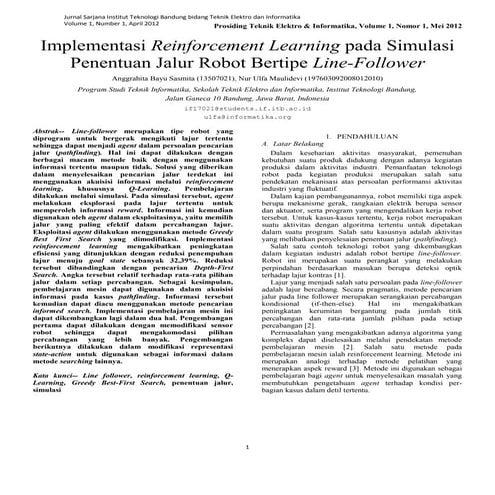 Implementasi Reinforcement Learning pada Simulasi Penentuan Jalur Robot Bertipe Line-Follower | PDF