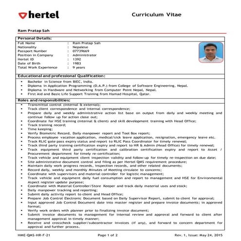 CV for Ram Sah - Administrator | DOCX | Business | Business and Finance