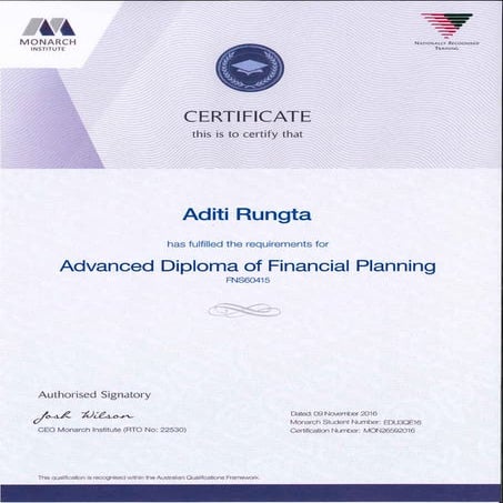 Advanced Diploma of Financial Planning Certificate | PDF