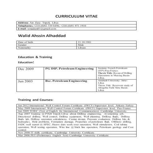 CURRICULUM VITAE Walid Alhaddad Drilling Supervisor | PDF