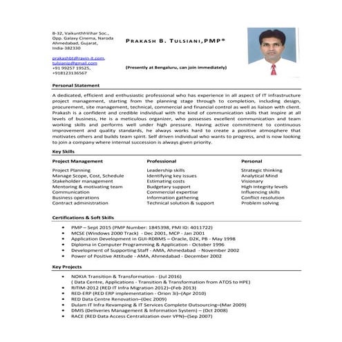 Resume-of-PrakashBT-ProjectManager-IT-Infrastructure | PDF | Computing | Technology & Computing