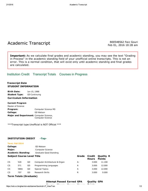 Academic Transcript | PDF