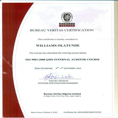QMS Internal Auditor Cert. | PDF