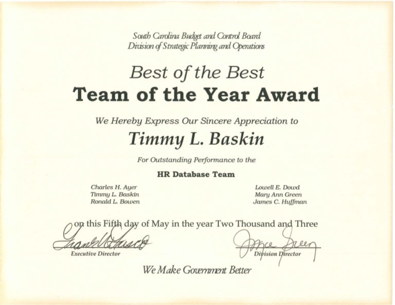 Certificate Database Team of the Year