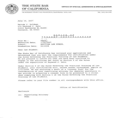 Student Certification State Bar of CA D Goldman | PDF