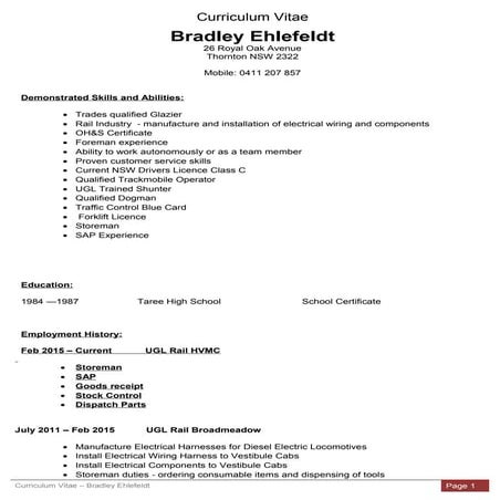 Brad resume Sept August 2015 | PDF