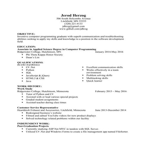 Jerod_Herzog_Resume_General | DOC | Programming Languages | Computing