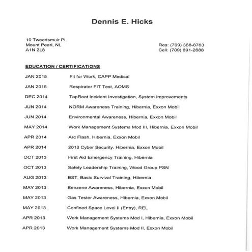 Dennis Hicks Resume & Certs | PDF