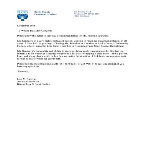Jasmine Saunders recom. letter | DOC