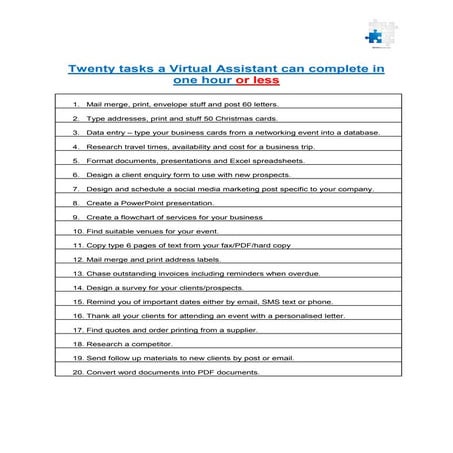 20 Tasks a VA can complete in 1hr or less | PDF