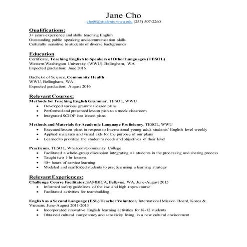 Resume for TESOL | DOCX | Education