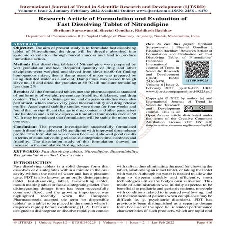 Research Article Of Formulation And Evaluation Of Fast Dissolving Tablet Of Nitrendipine Pdf